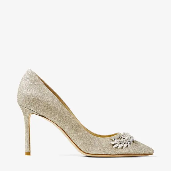 Jimmy Choo Romy 85 Platinum Ice Dusty Glitter Pointed-Toe Pumps